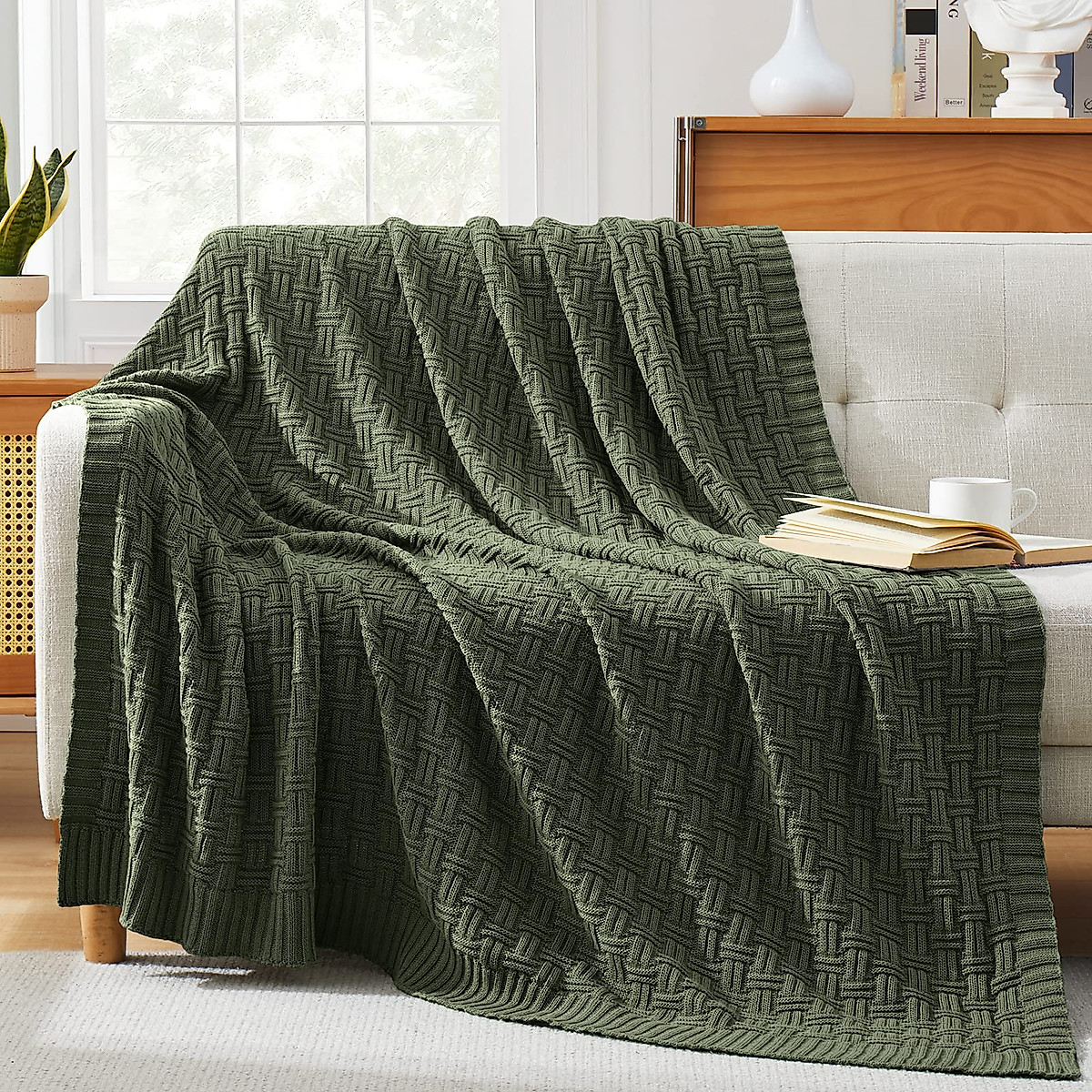 TREELY 100% Cotton Knitted Throw Blanket Couch Cover Blanket(50 x 60 Inches, Green Forest)
