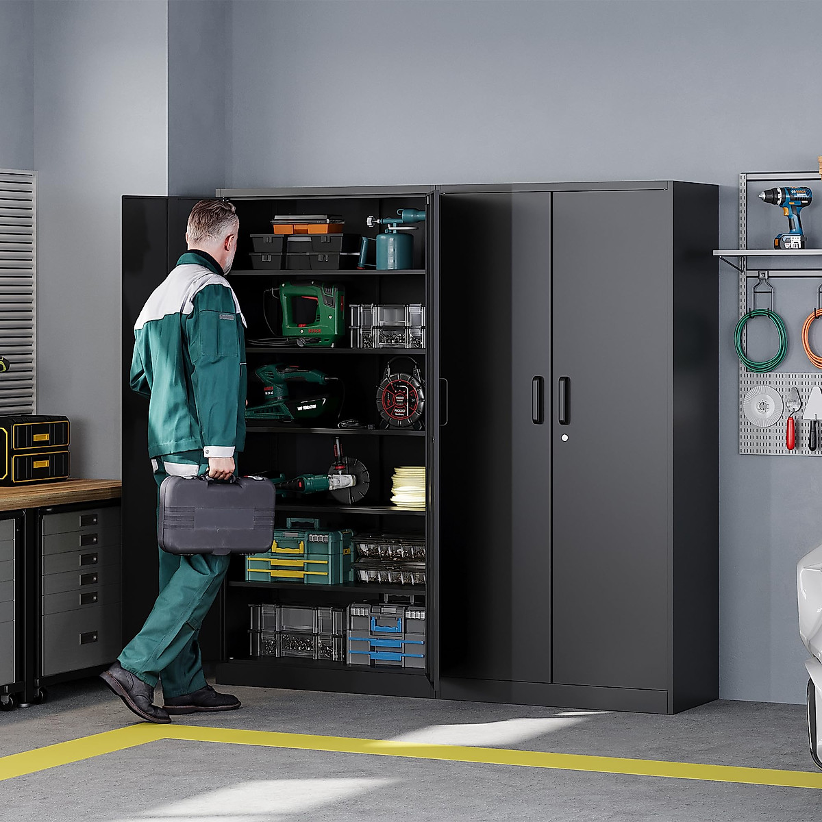 Letaya Metal Storage Cabinets with Lock Doors,Tall Locker Organizer Steel Garage Cabinets, 5 Adjustable Layers Shelves for Home, Office, Warehouse,Tool,Industrial(Black)