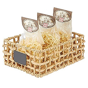 mDesign Water Hyacinth Open Weave Household Basket with Built-in Chalkboard Label for Storage in Bedroom, Bathroom, Office - Hold Clothes, Blankets, Linens, Accessories, 3 Pack - Natural/Tan