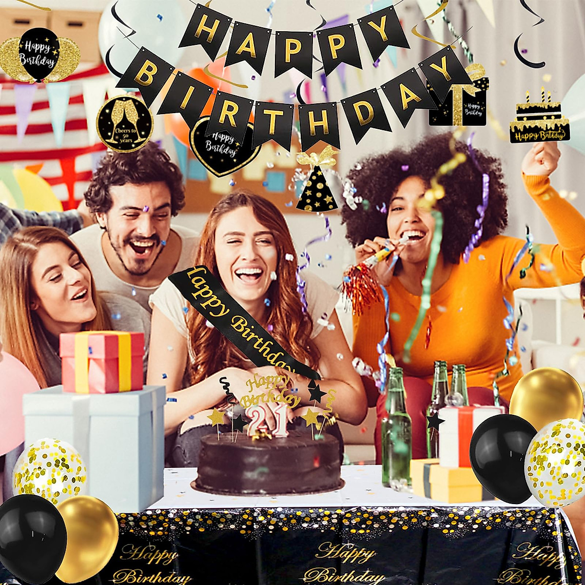 Black and Gold Birthday Decorations Black Gold Balloons Party Supplies with Banner Hanging Swirls Curtains Tablecloth Cake Toppers for Men Women Gold Black Birthday Father's Day Party Decorations