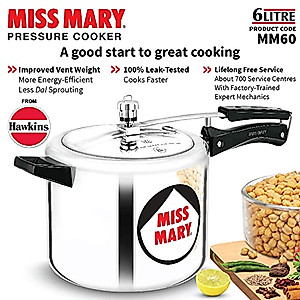 Hawkins Aluminium 6 Litre Miss Mary Pressure Cooker, Inner Lid Cooker, Silver (Mm60)