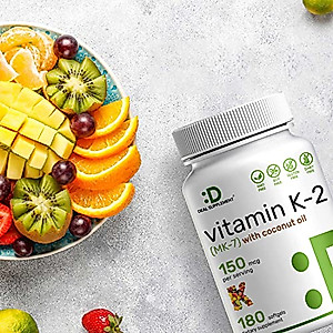 Vitamin K2 MK-7 with Virgin Coconut Oil, 180 Softgels - Vitamin K2 as Menaquinone-7 150 mcg | Advanced Vitamin K Supplement - Promotes Bone Health, Non-GMO, No Gluten