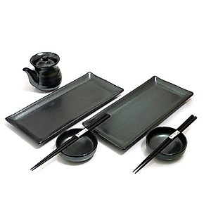Sushi Set Made In Japan - MySushiSet 7 piece Black Crystal Ceramic Sushi Plate Set with Matching Soy Sauce Dispenser