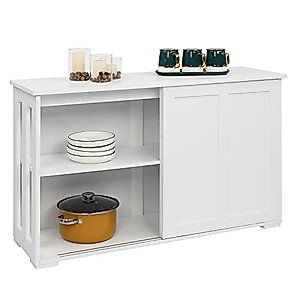 Kitchen Sideboard Buffet Storage Cabinet with 2 Sliding Doors and Adjustable Shelf, Wooden Cupboard Server Buffet Console Table, Stackable Sideboard Cabinets Storage for Dining Room Entryway, White