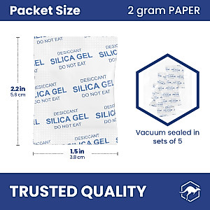 Wallaby 2 gram (350 Packets) Food Safe Pure White Silica Gel Desiccant Dehumidifier Packs - Rechargeable & Coated Moisture Absorbers - Protects Against Moisture Damage - (Packed in 70x Sets of 5)