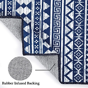 Fashionwu Boho Rug Large Washable Rug Area Rug 8 x 10 with Non Slip Backing for Dining Room, Bedroom, Navy Blue Rug Low-Pile Rug Non-Shedding Rugs for Living Room Home Office Area Rug, Blue and White