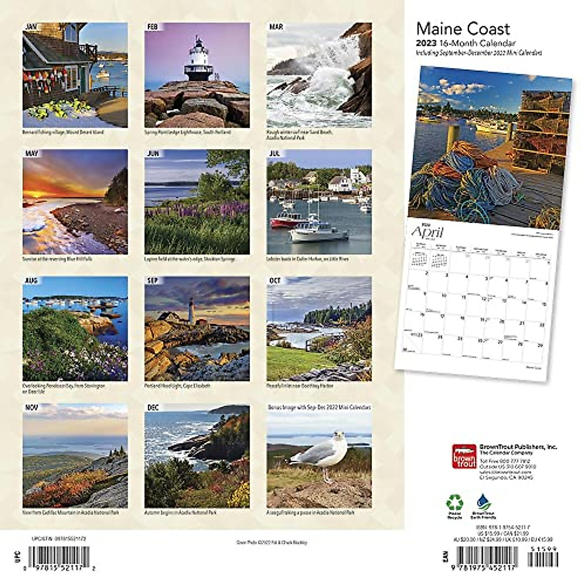 Maine Coast | 2023 12 x 24 Inch Monthly Square Wall Calendar | BrownTrout | USA United States of America Northeast State Ocean Sea Nature