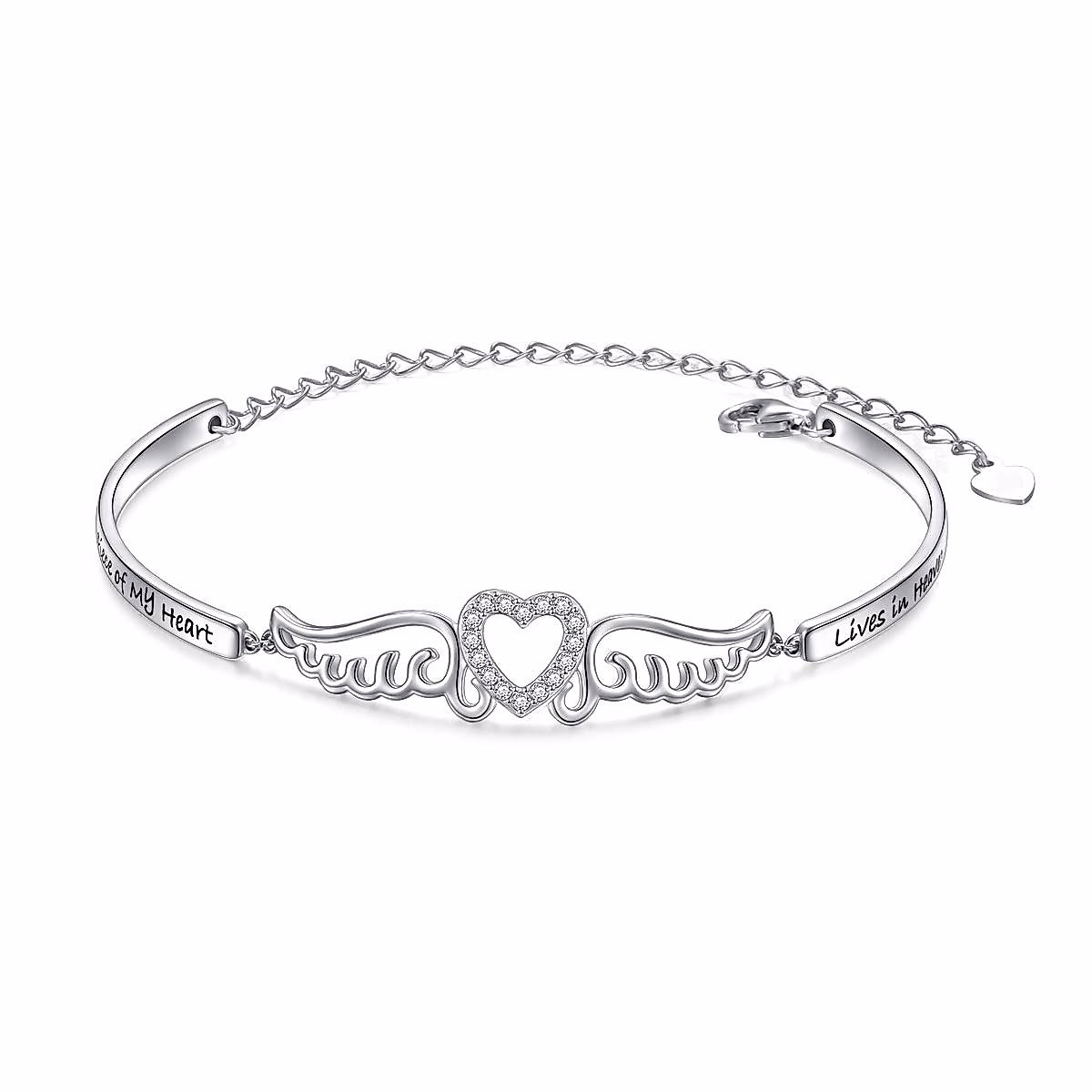 FLYOW S925 Sterling Silver A Piece of My Heart is in Heaven Bracelet Angel Wings Jewelry in Memory of Mom Dad Grandma Grandpa Daughter Son Loss Memorial Gift
