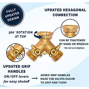 Morvat Heavy Duty Brass 2 way Y Splitter Garden Hose Hexagonal Connector with Comfortable Grip Shut Off Valves, Adapter for Water Tap, Outlet, & Spigot, Includes 2 Extra Rubber Washers & Teflon Tape