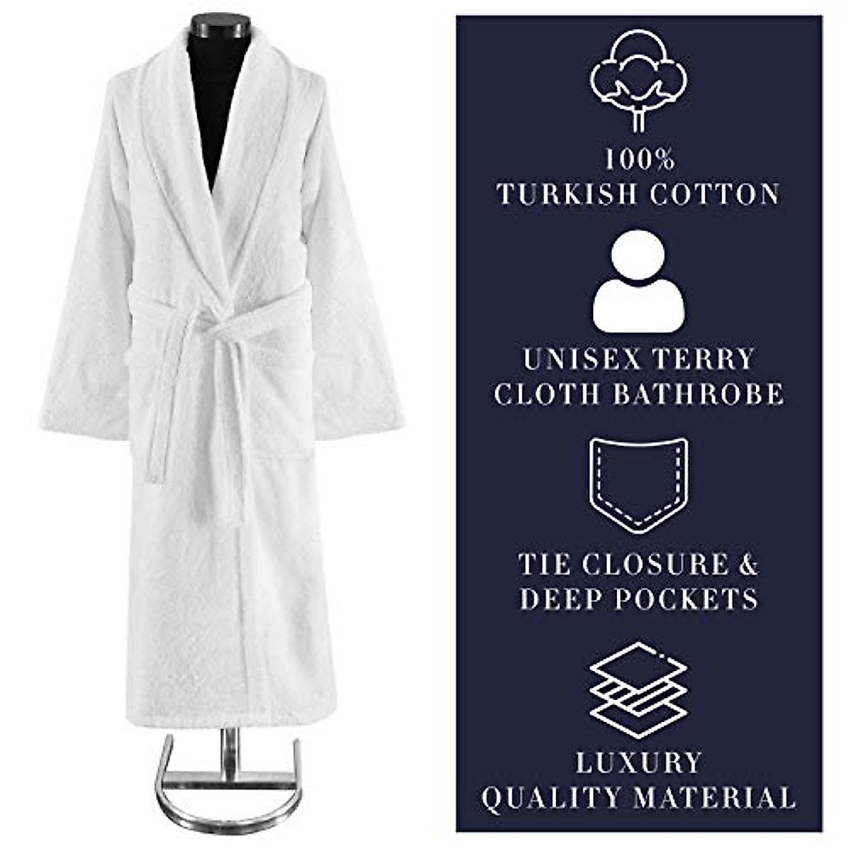 Classic Turkish Towels - Luxury Terry Cloth Robe for Men and Women, 100% Turkish Cotton, Soft and Plush, Long Unisex Bathrobe (White, Small-Medium)