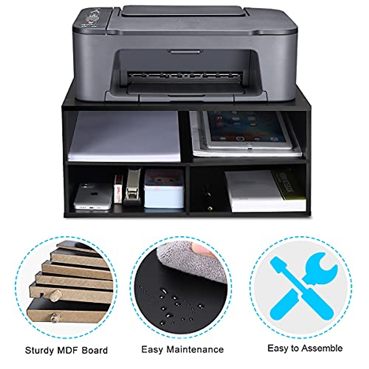 EMERIT Printer Stand Shelf with Storage Wood Desk Paper Organzier for Home/Office,Printer Riser, 2 Tire (Black,Large)