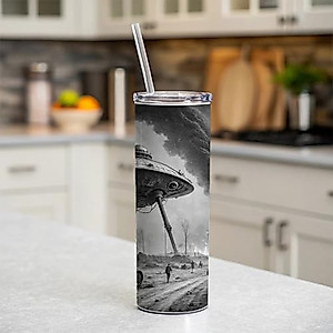 Martian Alien Invasion Tripod War Machine Retro Black and White Skinny Tumbler 20oz with Straw Insulated Water Bottle Gift