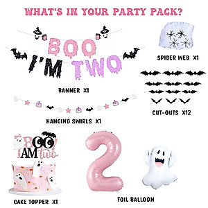 Fiesec Boo I’m Two Decor Birthday Girl, Two Spooky Birthday Decorations Girl, Halloween 2nd Birthday Theme Pink Purple Balloon Garland Arch Kit Banner Cake Topper Ghost Bat