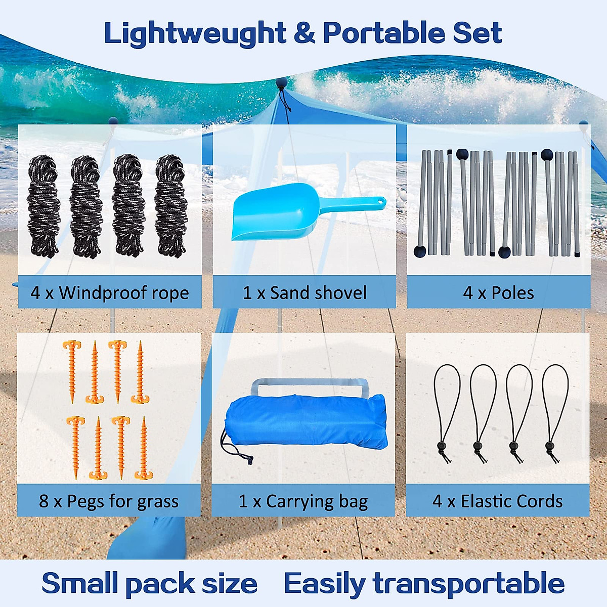 YENGIAM Beach Canopy Beach Tent UPF50+ 11x11 FT Easy to Setup Extra Windproof Rope Sun Shelter Beach Shade Canopy with 4 Stability Poles Outdoor Shade for Beach Camping Family