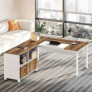 LITTLE TREE 63-inch L-Shaped Executive Computer Desk and File Cabinet, Office Desk with Drawers Filing Cabinet,Credenza Desk Set for Home Office