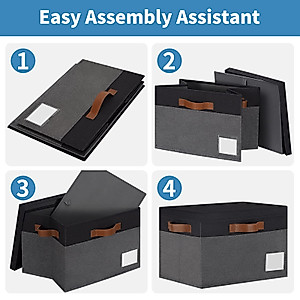 GhvyenntteS Fabric Storage Bins with Lids 3 Pack, Closet Storage Boxes with Lid and 3 Handles, Foldable Storage Baskets with Lids and Label Window for Home Office (Grey&Black, 15" x 11" x 9.7")