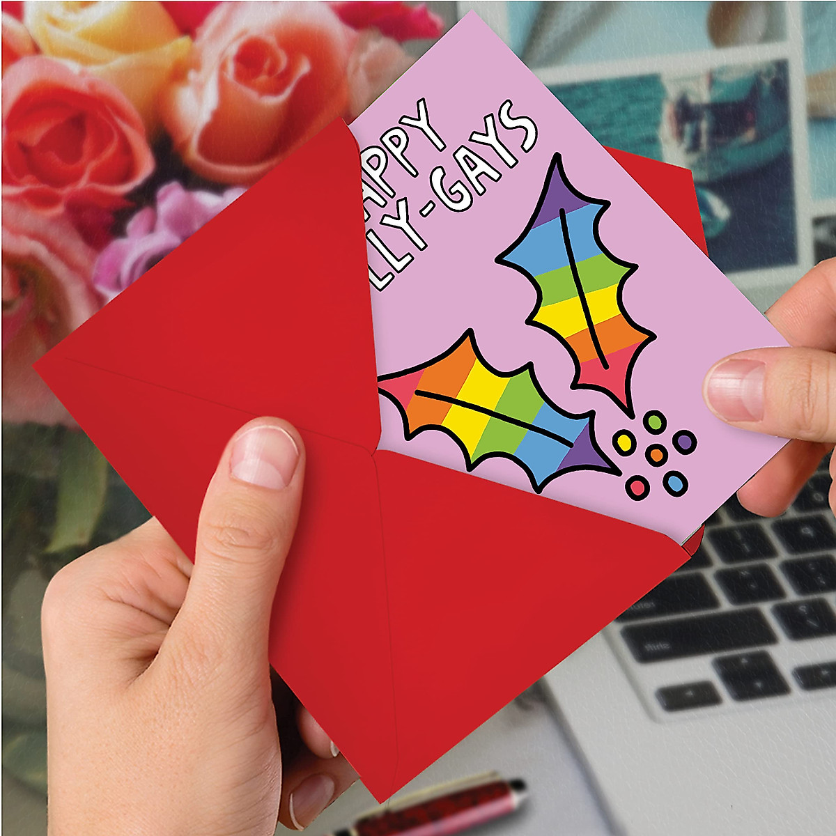 NobleWorks 12 Funny Christmas Greeting Cards Bulk Box Set with 5 x 7 Inch Envelopes (1 Designs, 12 Each) Happy Holly-Gays C7630XSG-B12x1