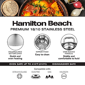 Hamilton Beach Stainless Steel 7-Quart Dutch Oven - Professional Premium Oven Safe Stock Pot with Ergonomic Handle & Glass Lid - Fryer Pot for Braising