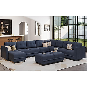 LLappuil Modular Sectional Sofa with Storage Oversized U Shaped Couch with Reversible Chaise Luxury Velvet Sofas for Living Room 9 Seats with 2 Ottomans Denim Blue