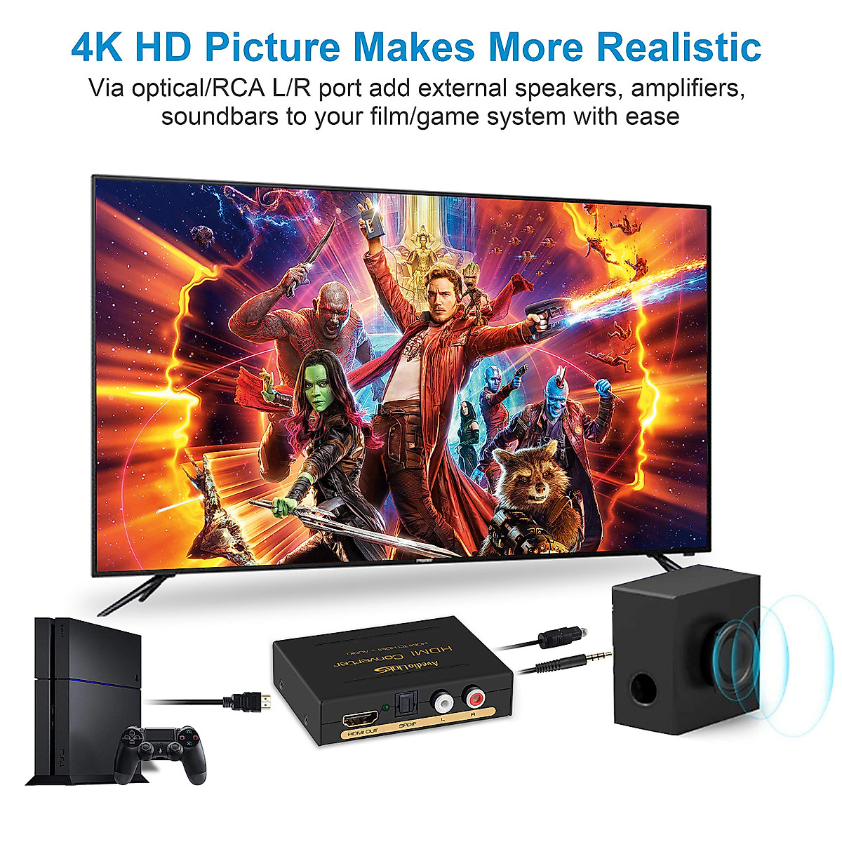 avedio links 4K HDMI Audio Extractor Splitter, 1080P HDMI to HDMI Audio Converter + Optical Toslink SPDIF + L/R Stereo Analog Audio, HDMI Audio Adapter for Fire Stick, Blu-Ray Player (4K 30Hz Black)