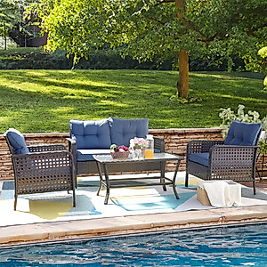 RoyalCraft 4 Pieces Patio Furniture Set, Outdoor Rattan Chair Wicker Conversation Sets with Cushions and Glass Coffee Table, for Porch Balcony Garden Backyard Deck, Brown and Navy