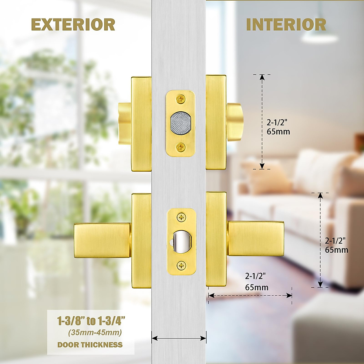 Satin Brass Door Handle Set with Single Cylinder Deadbolt and Lever Gold Keyed Front Entry Door Locksets