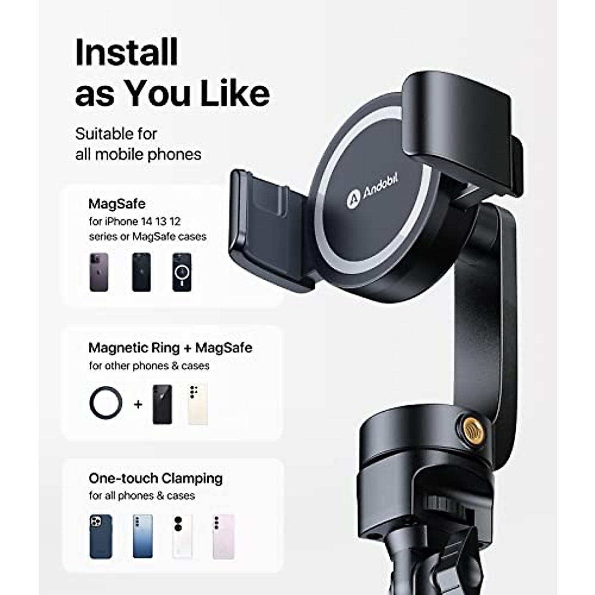 andobil MagStick Selfie Stick Tripod Compatible with MagSafe, [Redefined Phone Tripod] 63.5" Extendable Magnetic Cell Phone Tripod Stand with Wireless Remote, Tripod for iPhone 14 13 12 & All Phones