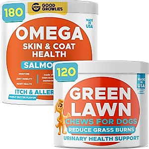 Omega 3 + Grass Burn Spot Dogs Bundle - Skin&Coat + Pee Lawn Spot Saver - EPA&DHA Fatty Acids + w DL-Methionine - Heart, Hip& Joint Support + Dog Pee Lawn Repair - 300 Chews - Made in USA