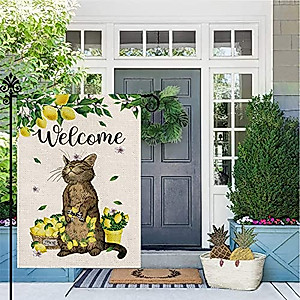 Summer Garden Flag Lemon Tree Cat Double Sided Vertical Welcome Flag Summer Home Yard Outdoor Decoration 12.5×18 Inch