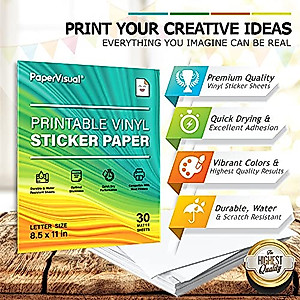 PAPERVISUAL 30 Printable Sticker Paper for Inkjet Printer - Matte White Waterproof Sticker Printer Paper - 8.5 x 11 Inches, Thick, Smudge Proof, Jam Tear Resistant - Inkjet & Laser Printer compatible