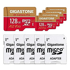 [5-Yrs Free Data Recovery] Gigastone 128GB 5-Pack Micro SD Card, 4K Camera Pro, 4K Video Recording for GoPro, DJI, Drone, R/W up to 100/50 MB/s MicroSDXC Memory Card UHS-I U3 A2 V30, with Adapter
