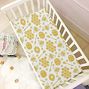 Yellow Bees Honey Baby Crib Sheets Soft Toddler Bed Sheets Breathable Mattress Cover Crib Mattress Sheet for Baby Gifts Girls Stroller Bed Mattress, 52 * 28 * 9in