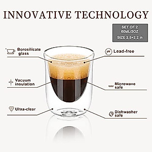 PARACITY Espresso Cups Set Of 2, 2 Oz Espresso Shot Glass, Espresso Mugs, Doubled Clear Insulated Borosilicate Glassware, Tazas De Cafe Expreso, Small Coffee Cups for Espresso Machine Accessories