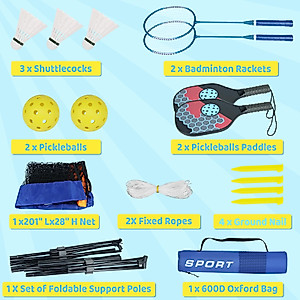 Pickleball Net, Pickleball Set with Net, Indoor Outdoor 17ft x 3-5ft Height Adjustable Pickle Ball Net, Pickleball, Badminton, and Volleyball All-in-One Net w/Pickleball Paddles, Badminton Rackets