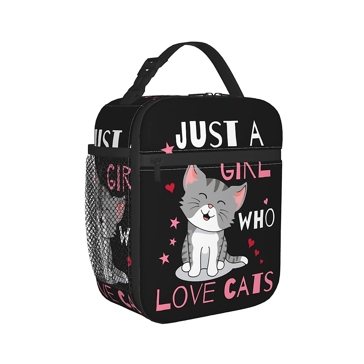 Kaeddi Cute Cat Lunch Bag Large Capacity Heat Insulated Lunch Box Leakproof Durable Portable Reusable Handbags Thermal Cooler Tote Bag, Just A Girl Who Loves Cats (One Size, Black)