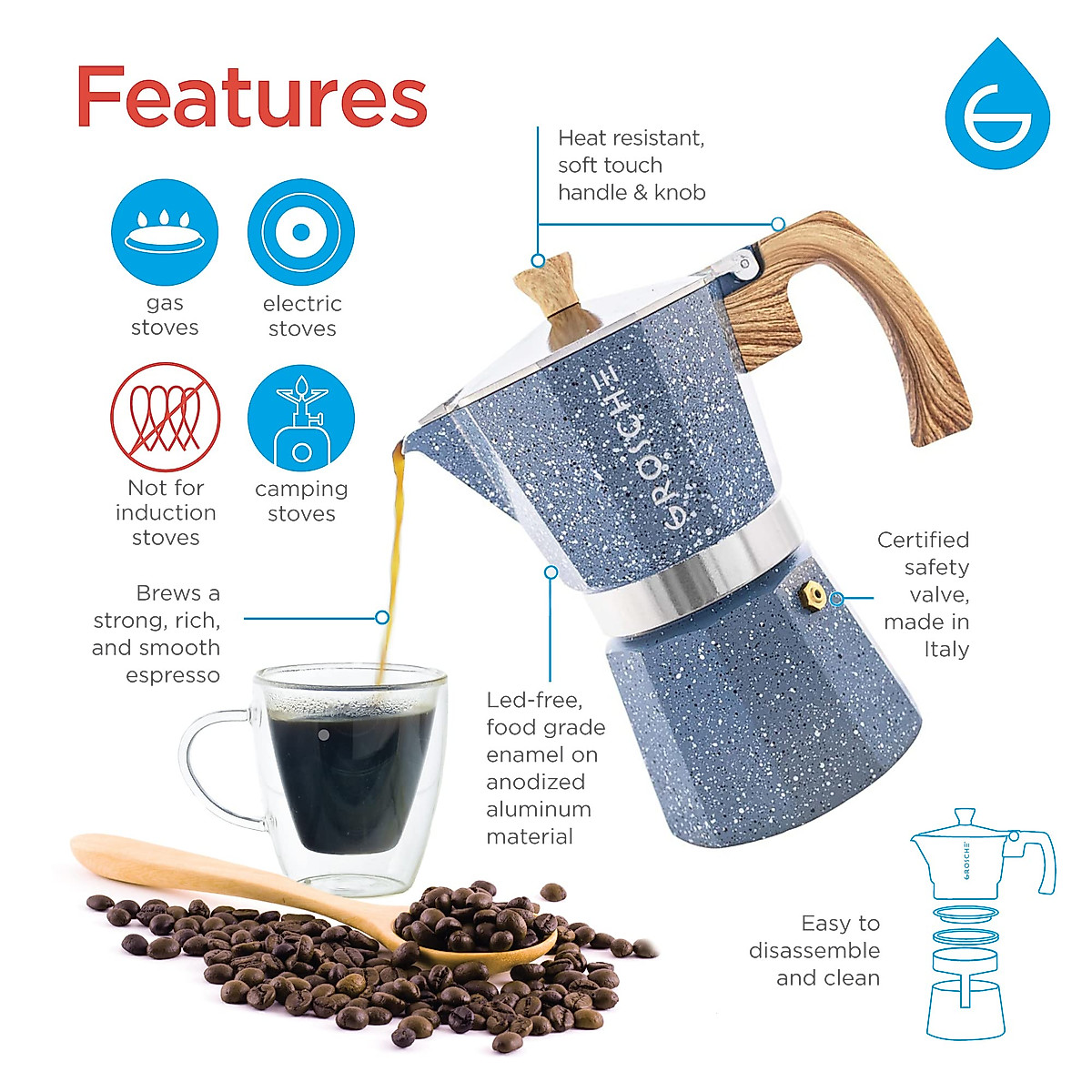GROSCHE Milano Moka pot, Stovetop Espresso maker, Greca Coffee Maker, Stovetop coffee maker and espresso maker percolator (Indigo, 6 cup)