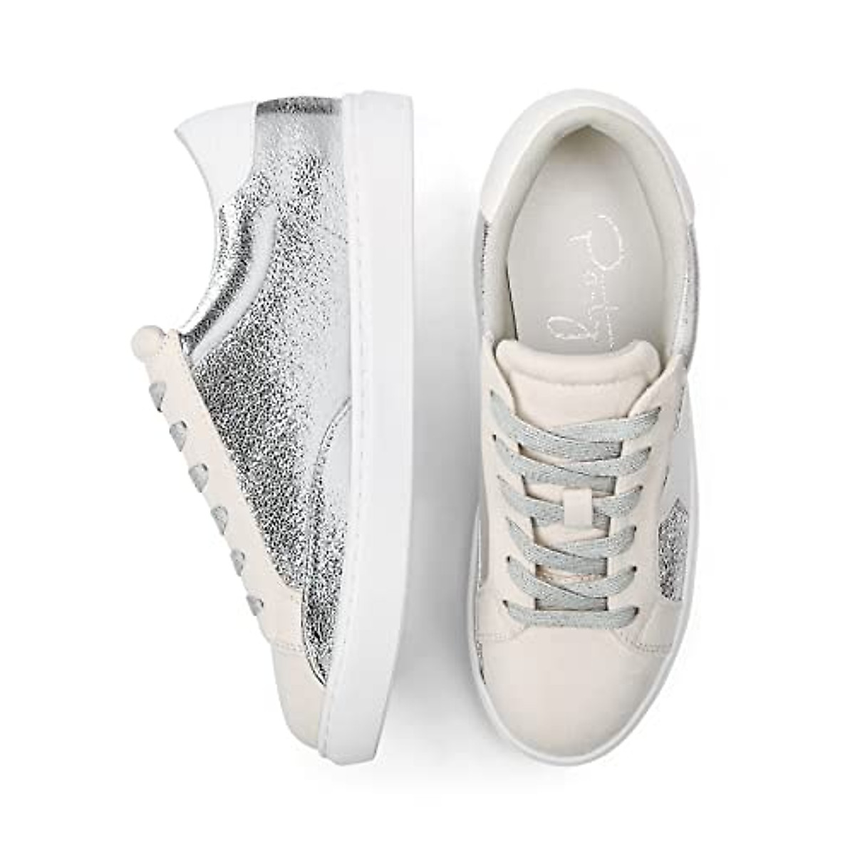 PARTY Women's Fashion Star Sneaker Lace Up Low Top Comfortable Cushioned Walking Shoes, Dale-Silver Met-8