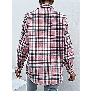 OYOANGLE Women's Plaid Long Sleeve Button Front Drop Shoulder Tunic Blouse Flannel Shirts Pink White L