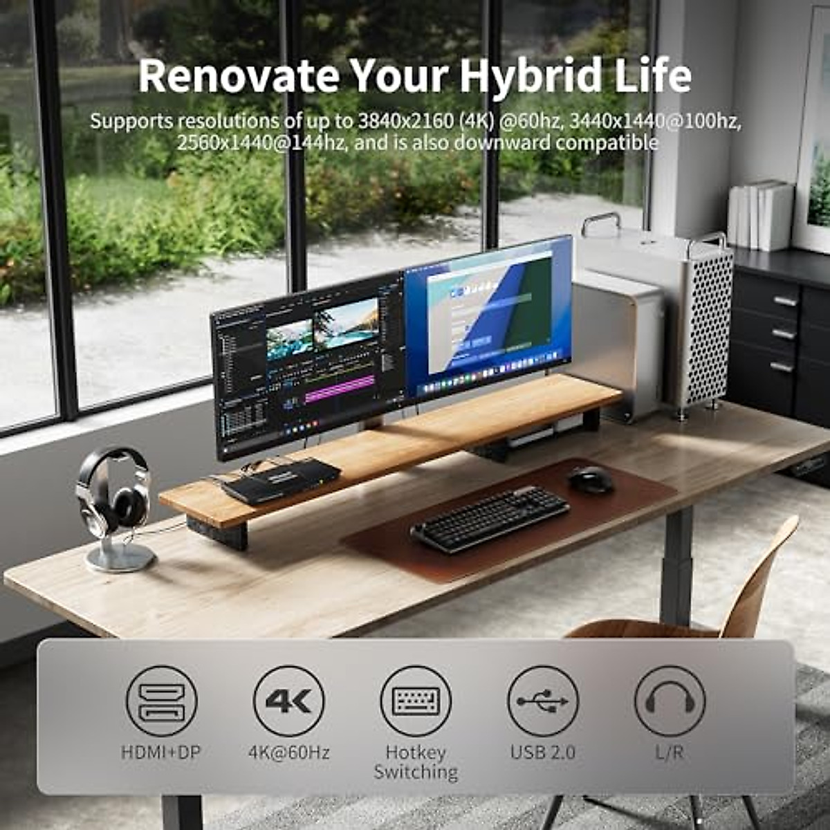TESmart DisplayPort + HDMI KVM Switch 2 Monitors 2 Computers 4K@60Hz, Dual Monitor KVM Switch 2 Port Extended Display, EDID Emulators, USB 2.0, L/R Audio, Hotkey Switch, Button Switch with All Cables