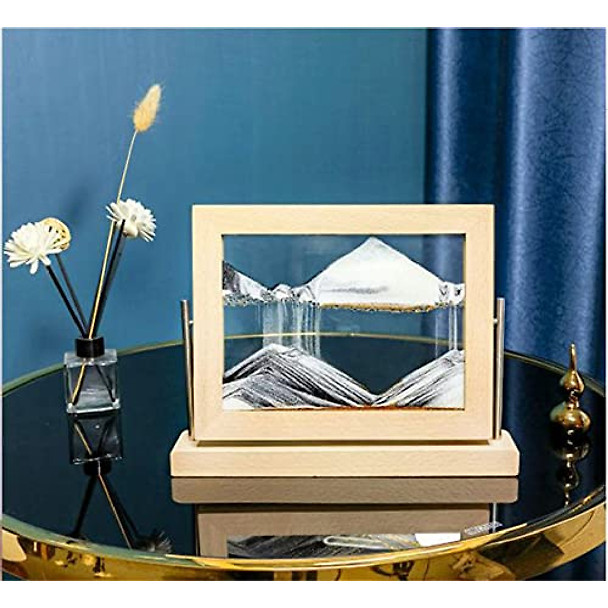 3D Glass Sandscape Hourglass Moving Sand Art Picture Rectangle Glass Ornaments Desktop Decoration Quicksand Painting Home Decor (Blue)