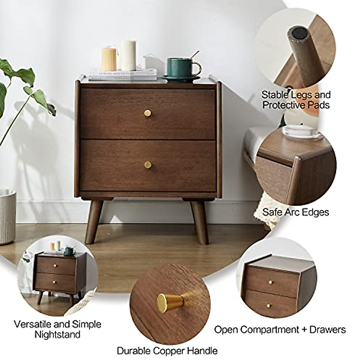 ESPSENT Modern 2-Drawer Nightstand Bedside Table Solid Wood Sofa Side End Table Bedroom Night Stand with Legs