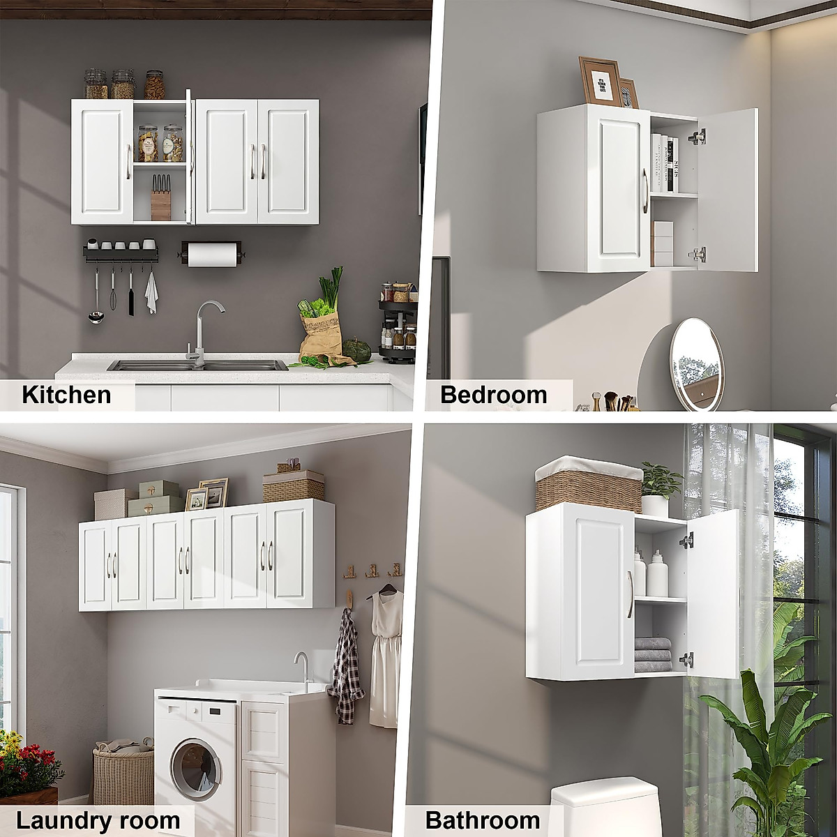 VANIRROR White Storage Cabinets, Bathroom Wall Cabinet Laundry Room Cupboard Over Toilet Space Storage Cabinet, Medicine Cabinet for Bathroom Kitchen with 2 Door and Adjustable Shelf