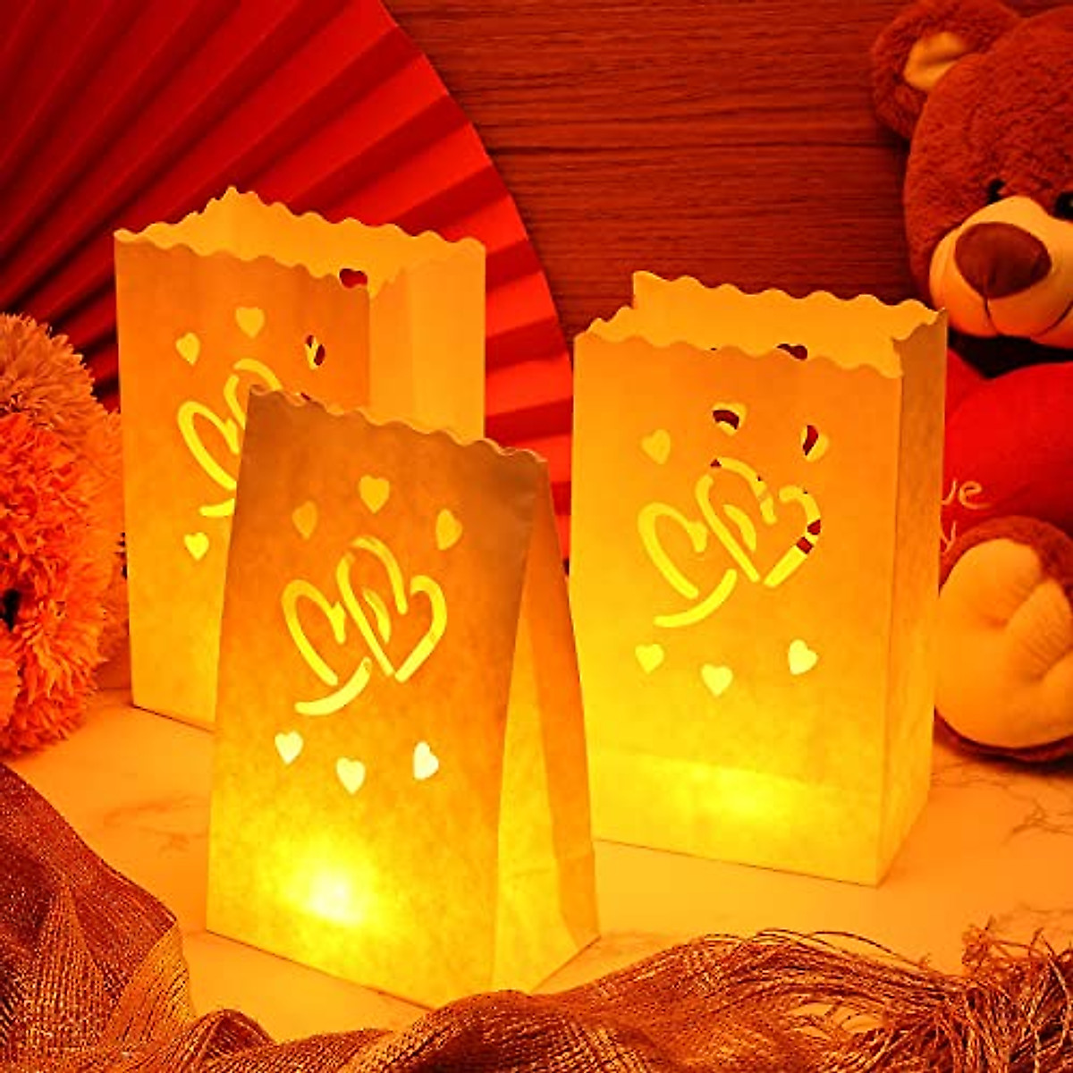 100 Pcs Valentine's Day White Luminary Bags Flame Resistant Candle Bags Hearts Design Valentines Luminaries Reusable Paper Lantern Bags Fire Retardant Candle Bags for Wedding Spring Engagement Event