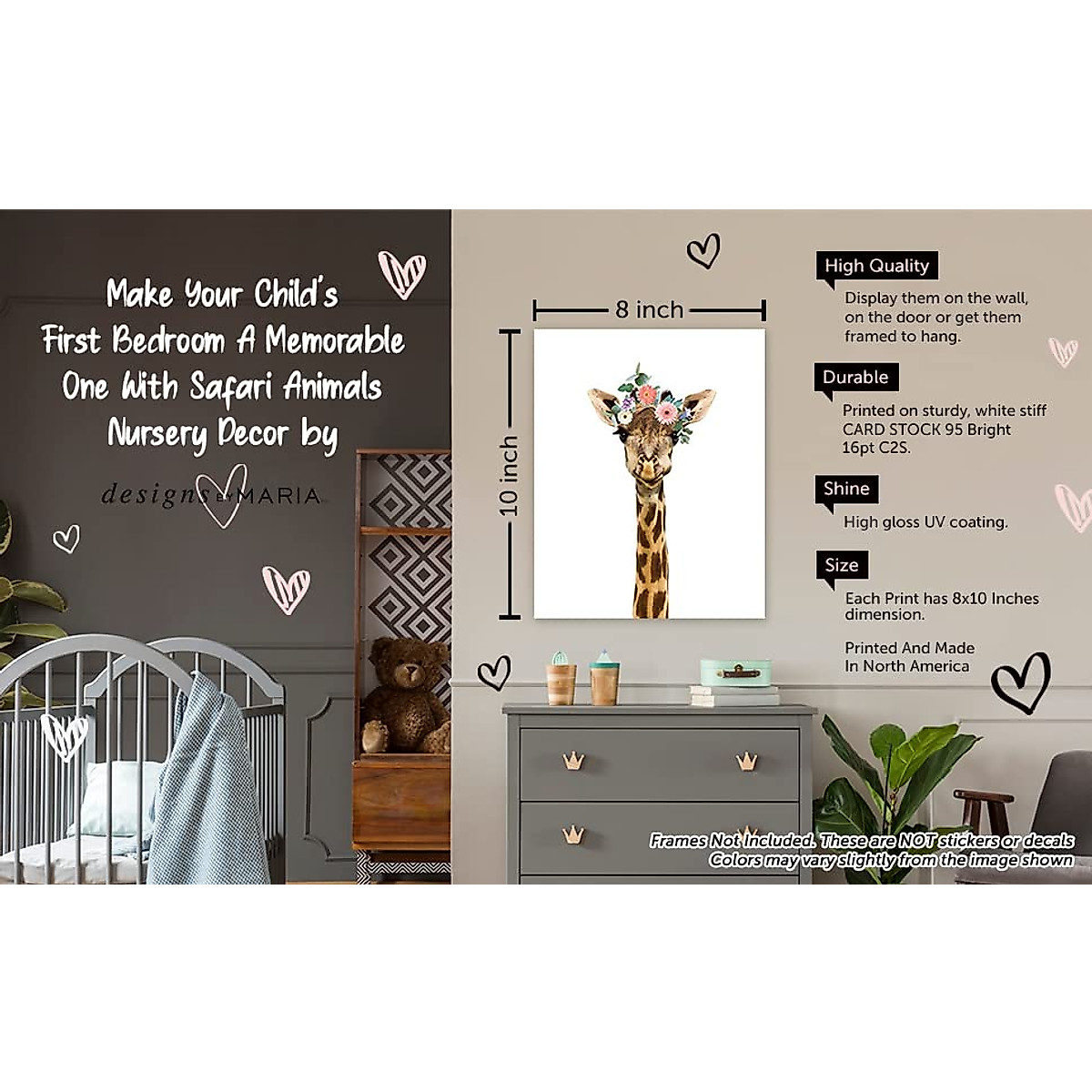 Designs by Maria Inc. Floral Crown Safari Nursery Decor | Girl Nursery Wall Decor - Nursery Art | UNFRAMED Nursery Wall Art Baby Boy Room Decor | Pack of 4 Unisex Animal Nursery Decor [8"x10"]