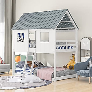 TARTOP Twin Over Twin Size Low Bunk Beds with roof and Fence Shaped guardrail, Twin Over Twin Wooden Bed Frame with Guardrails for Kids Teens Girls Boys, White