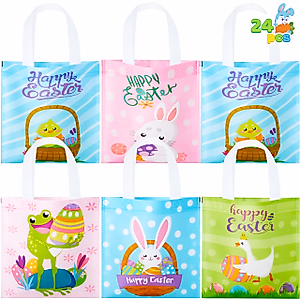 JOYIN 24 Pcs Easter Gift Bags, 8.7" x 8.7" Mini Size Creamed Tone Easter Gift Kraft Treat Goodie Bags and Basket with Handles for Easter Egg Hunt, Easter Party Favors