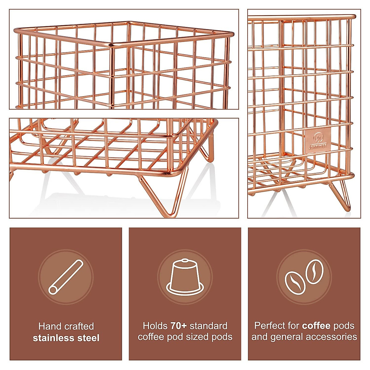 JENNIMER Coffee Pod Basket, K Cup Coffee Pod Holder,Coffee Capsule Cages, Kitchen Counter Storage Baskets (Rose Gold)