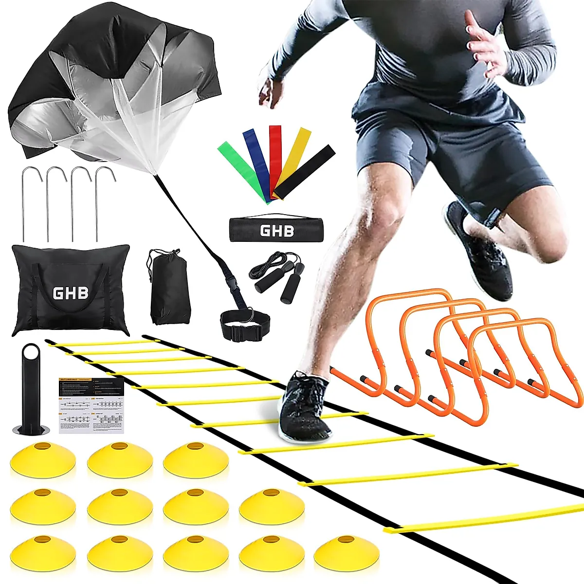 GHB Agility Ladder,Football Training Equipment Set,4 Agility Hurdles, 20 feet 12 Rungs Speed Ladder,12 Disc Cones,Resistance Parachute, Jump Rope, 5 Resistance Bands for Workout