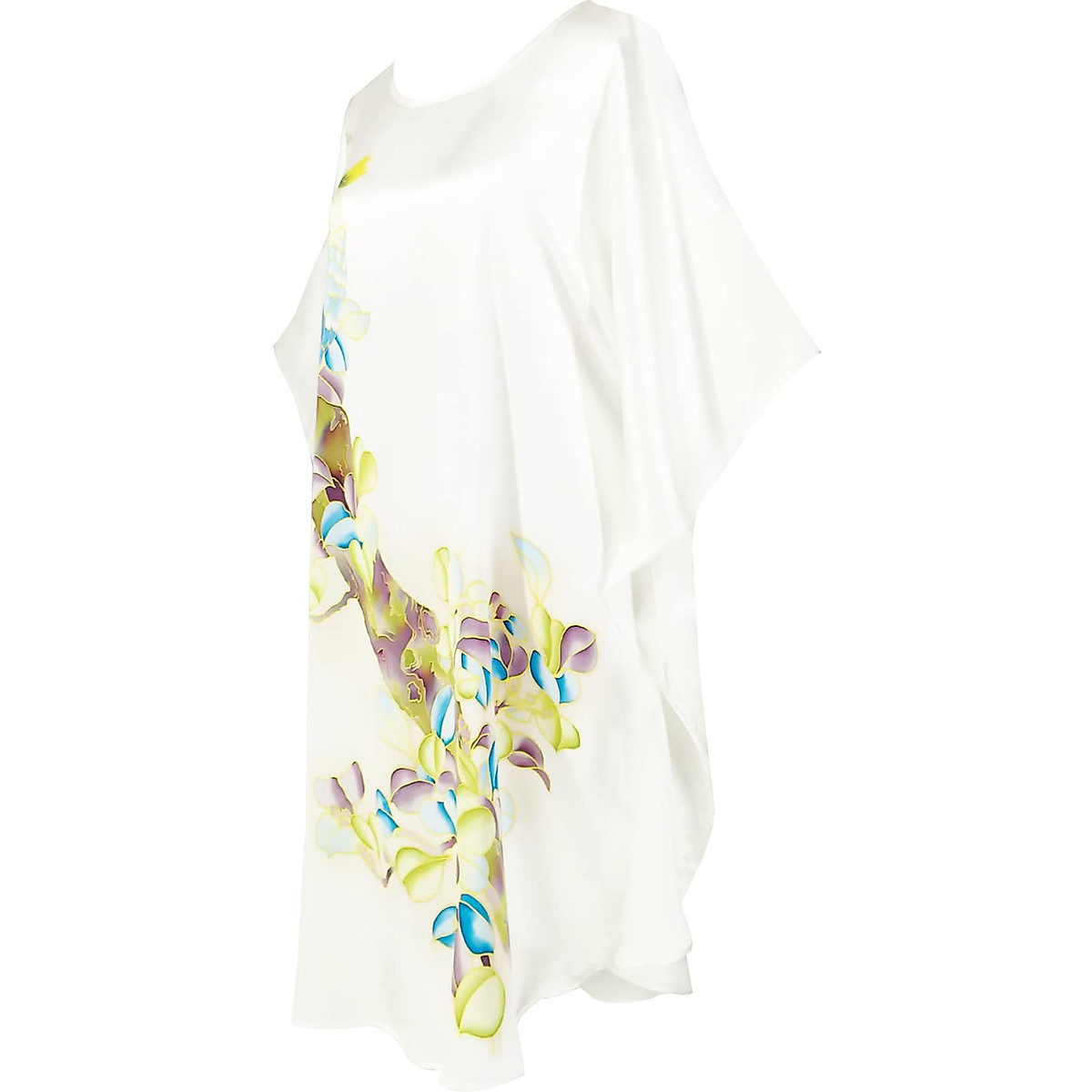 Kwedhonjh lady 100% silk pajamas, bat sleeve bathrobe - floral pattern (Peacock icon tooth white -a)