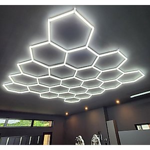 SENKOYU Hexagon Led Garage Light,23 Grid Systems Led Shop Lights for Garage/Workshop/Car Detailing Shop with White Border, 6500K,60720LM,530W, IP54 2 Year Warranty AC 100-240V(13'5'' x 12'5'')